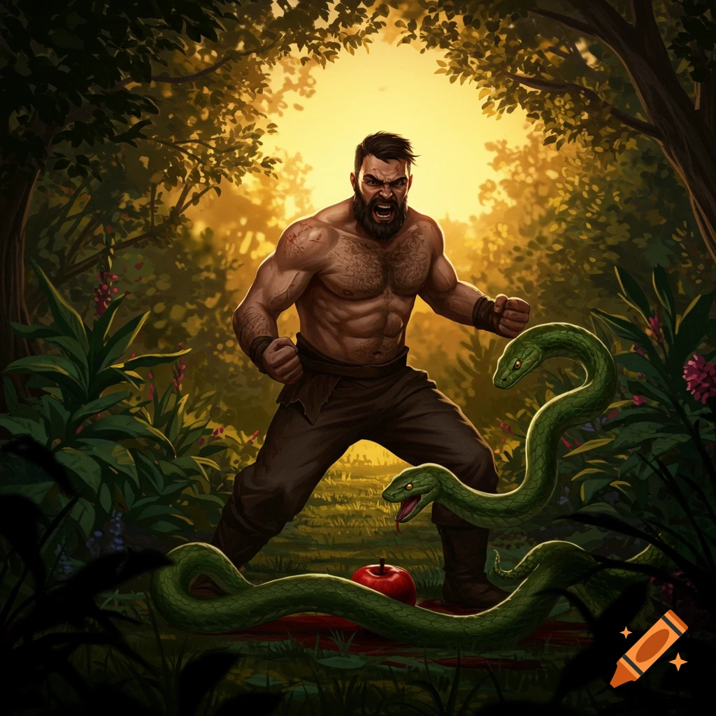 Illustration of an angry man fighting two snakes in a forest with a red ...