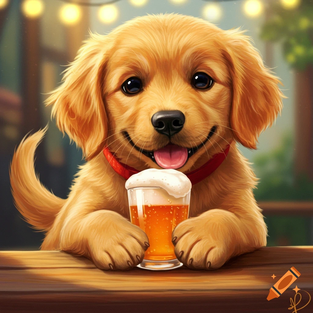 Cute cartoon golden retriever puppy sits at a bar holding a glass of ...