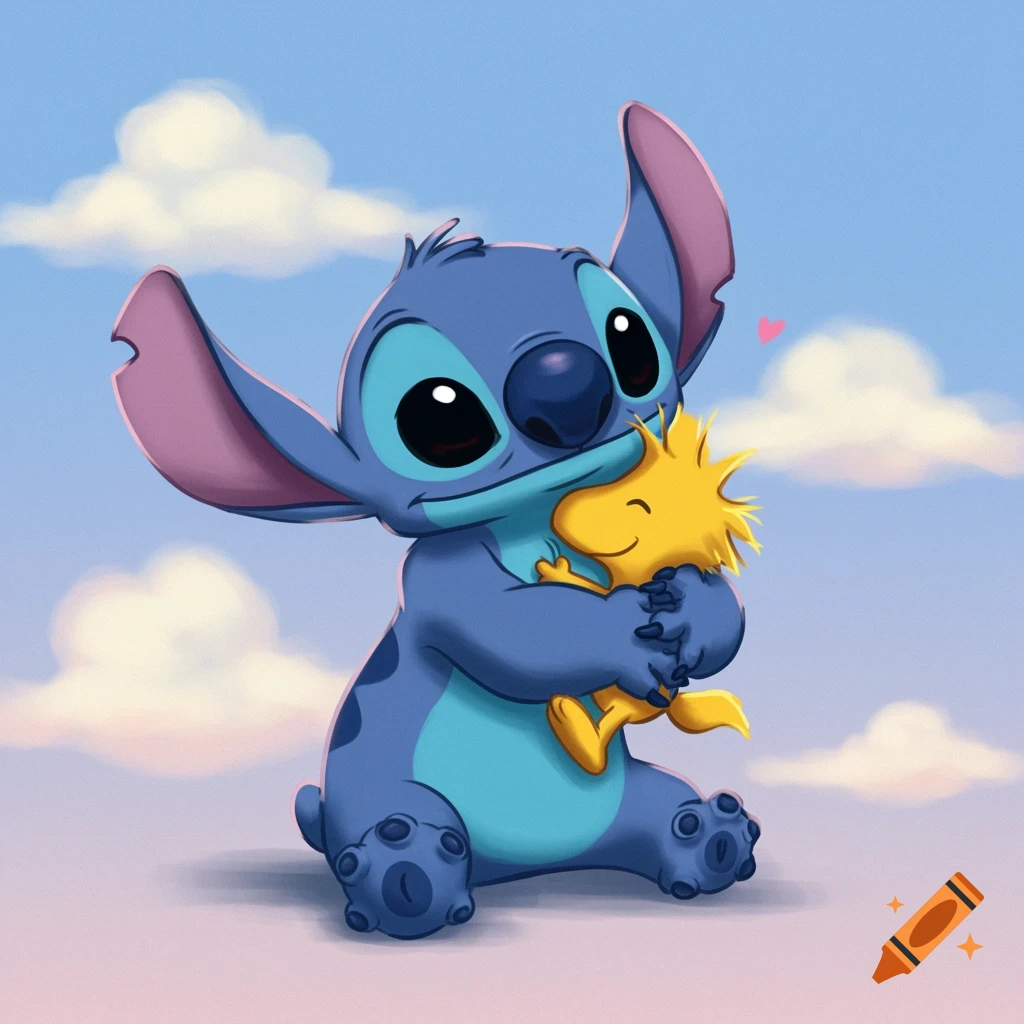 Stitch from Lilo & Stitch hugs Woodstock from Peanuts in a cartoon ...