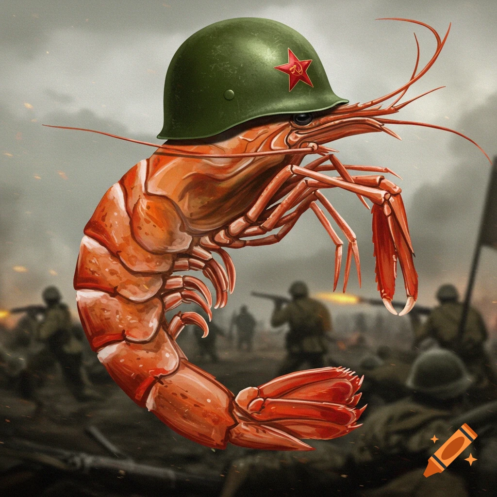 A large shrimp wears a Soviet military helmet against a blurry ...