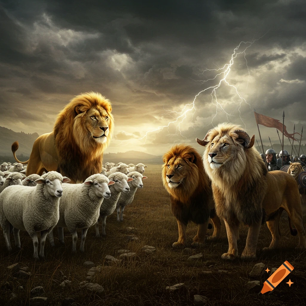 Lion leading sheep versus sheep leading lions in war on Craiyon