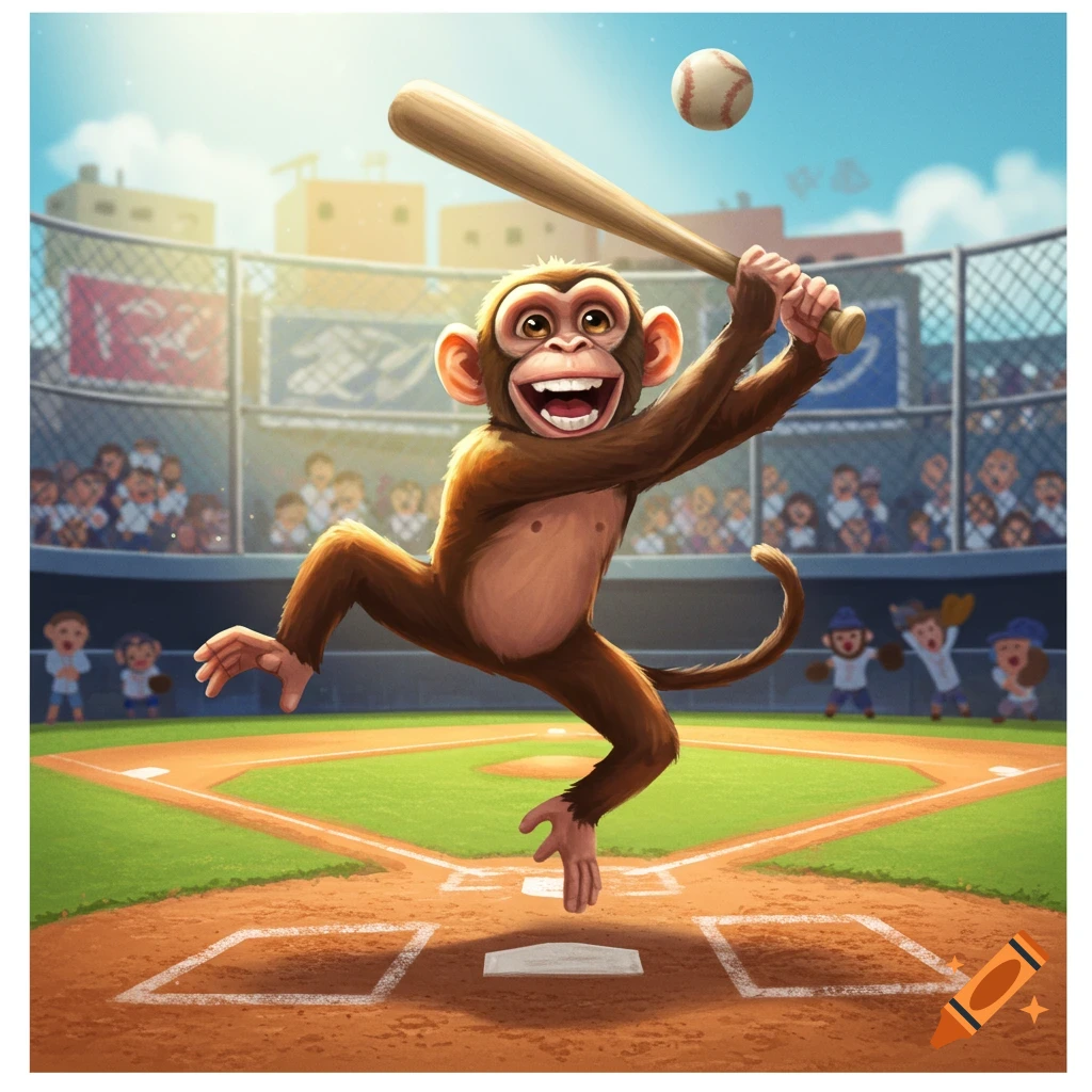 A cartoon monkey swings a baseball bat at a ball in a stadium. on Craiyon