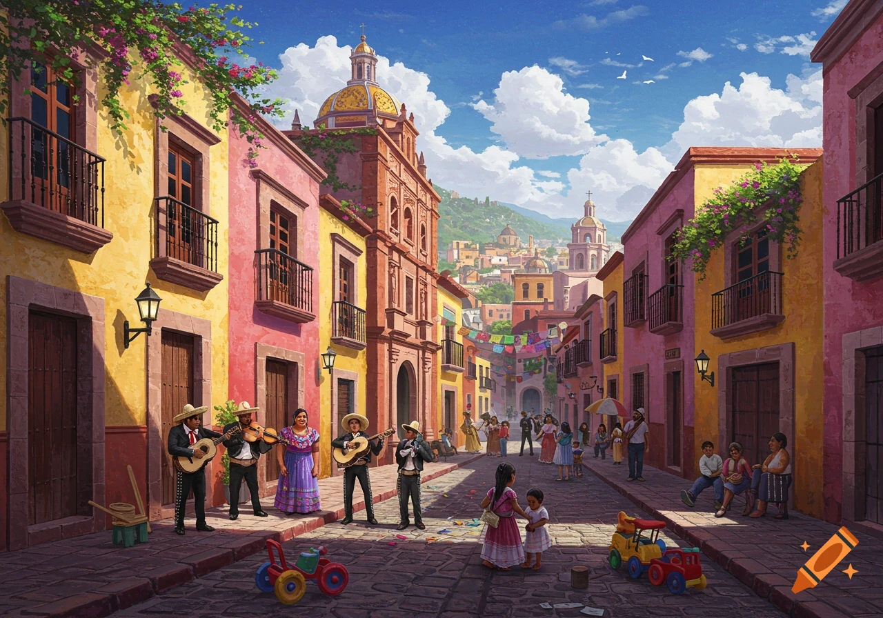 Illustrative scene of a vibrant Mexican city street with colorful ...