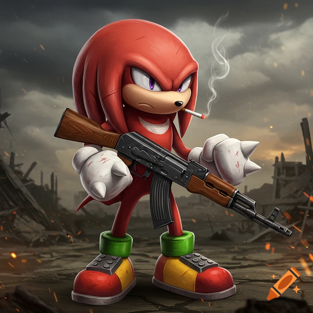 Knuckles from Sonic holding an AK47 and smoking a cigarette on Craiyon