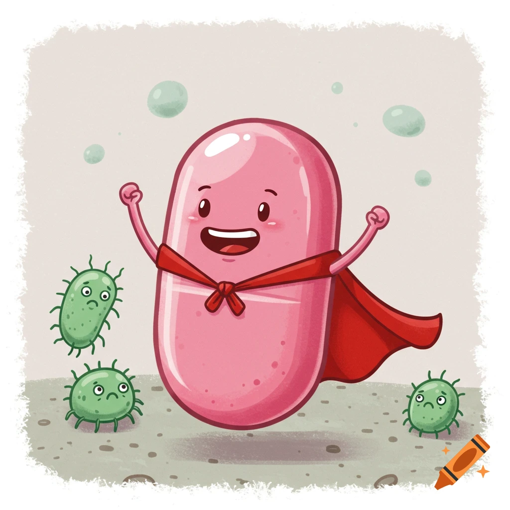 Cartoon pink pill superhero with red cape flying above worried green ...