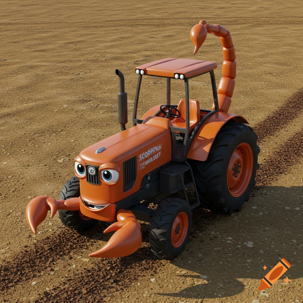 A 3D cartoon orange tractor with a face, scorpion claws, and a scorpion ...