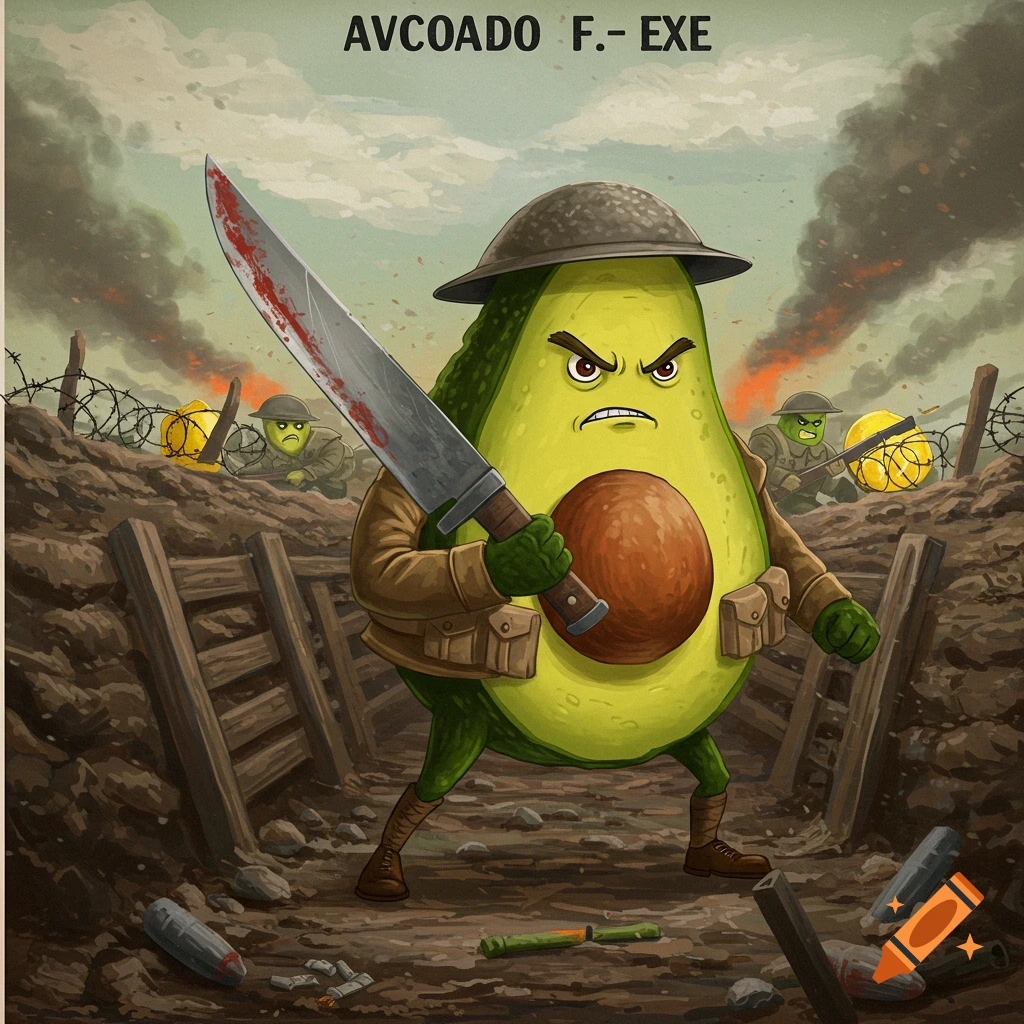 Avocado fighting in World War 1 trenches on Craiyon