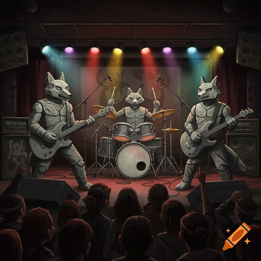 Rock band of stone foxes performing for high schoolers on Craiyon