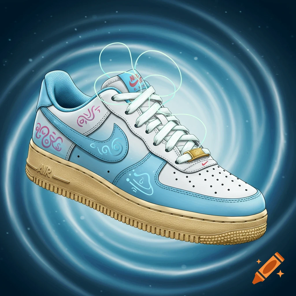 A vibrant blue Nike Air Force sneaker with swirling pink and green ...