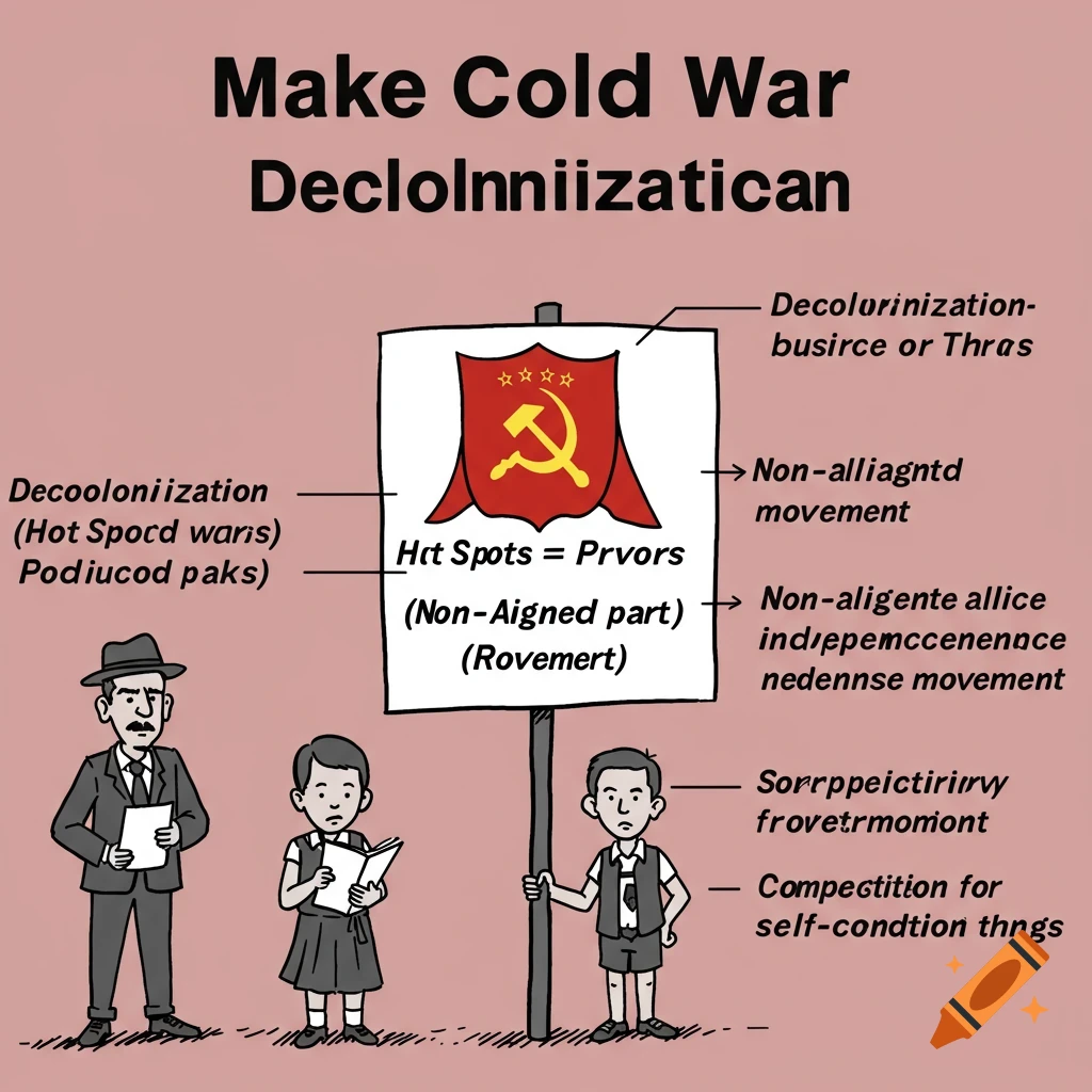 Political cartoon about Cold War decolonization and alliances on Craiyon