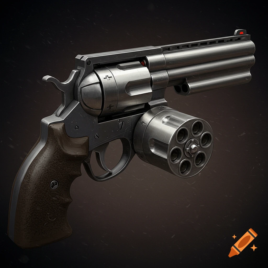A close-up realistic render of a revolver handgun with two cylinders ...