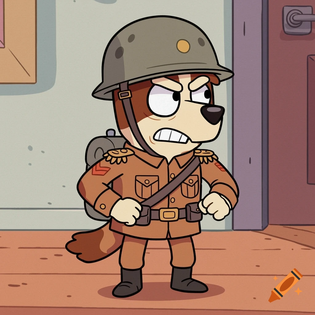 Bandit from Bluey angry dressed as a soldier on Craiyon
