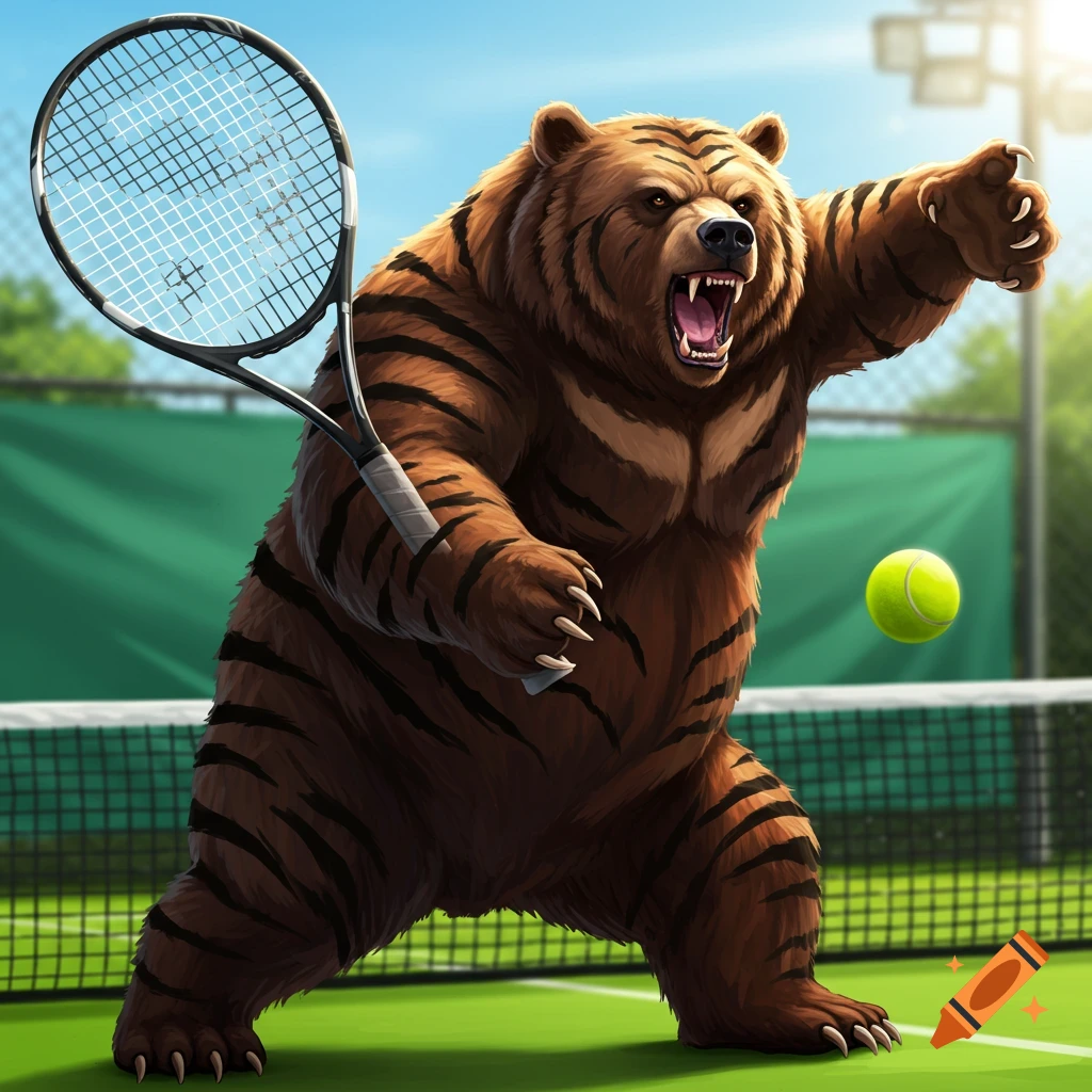 A brown bear with tiger stripes hits a tennis ball on a court. on Craiyon