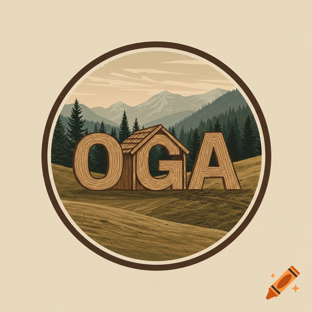 Circular logo with wood letters OGA, A shaped like a house, in a ...