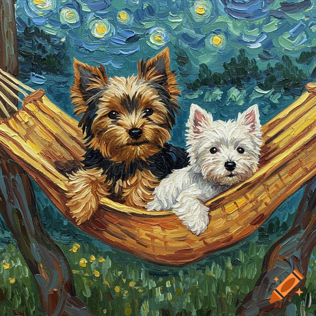 Two dogs, a Yorkie and a Westie, sit in a hammock under a starry night ...