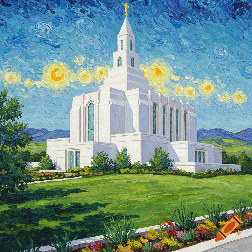 Temple building in a landscape with swirling sky, painted in Starry ...