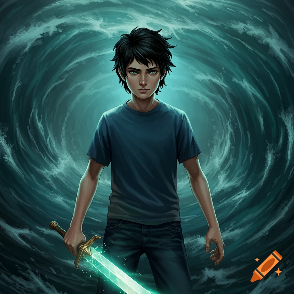 Cartoon illustration of a young boy with a sword standing in front of ...