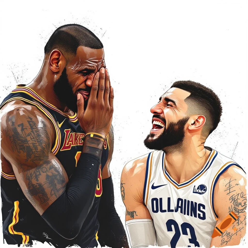 Illustration of LeBron James crying next to Nikola Jokic laughing in a ...