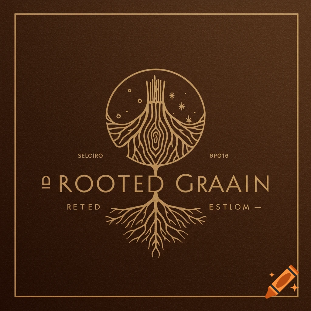 Rooted Grain logo with wood grain and roots on Craiyon
