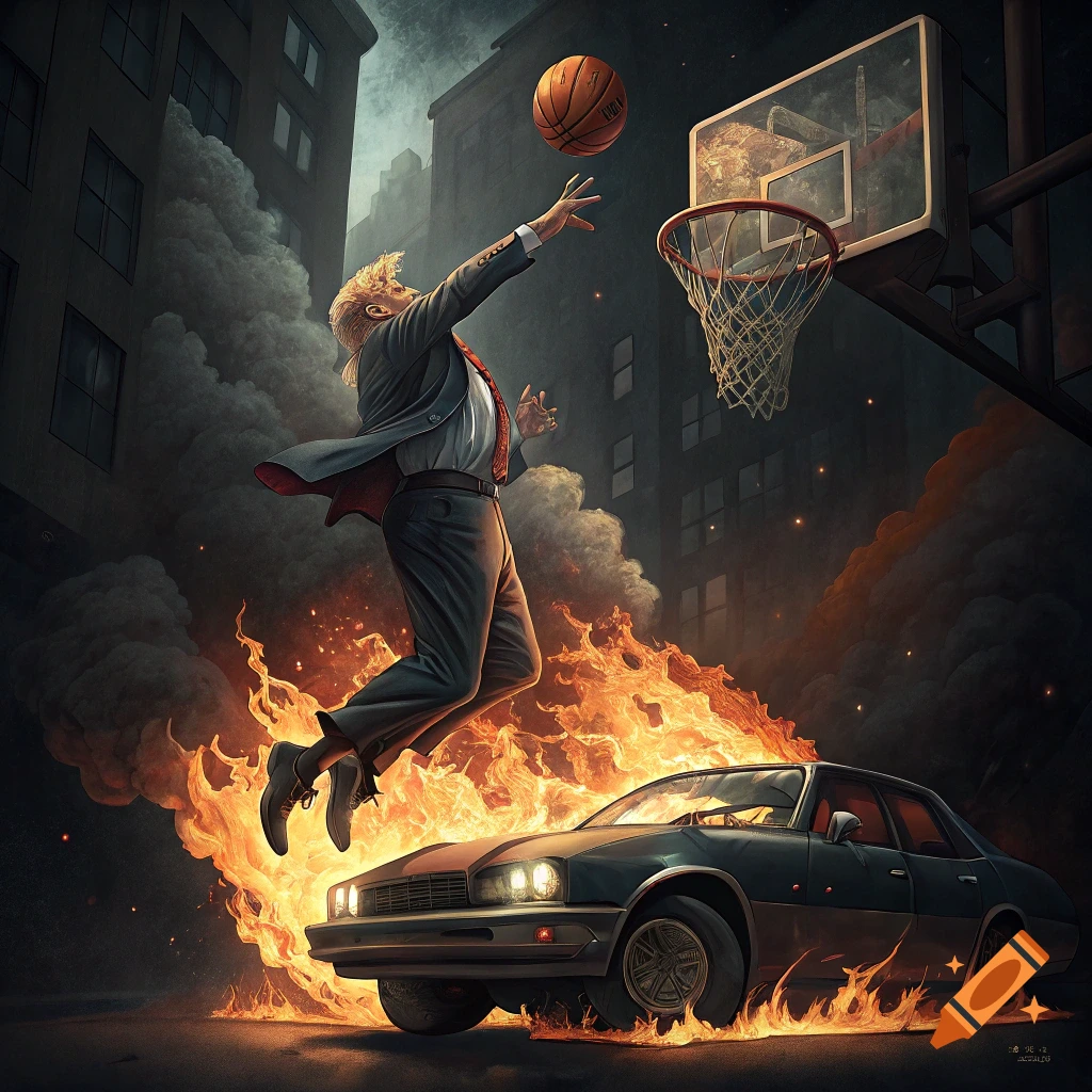 Illustration of a man resembling Donald Trump dunking a basketball over ...