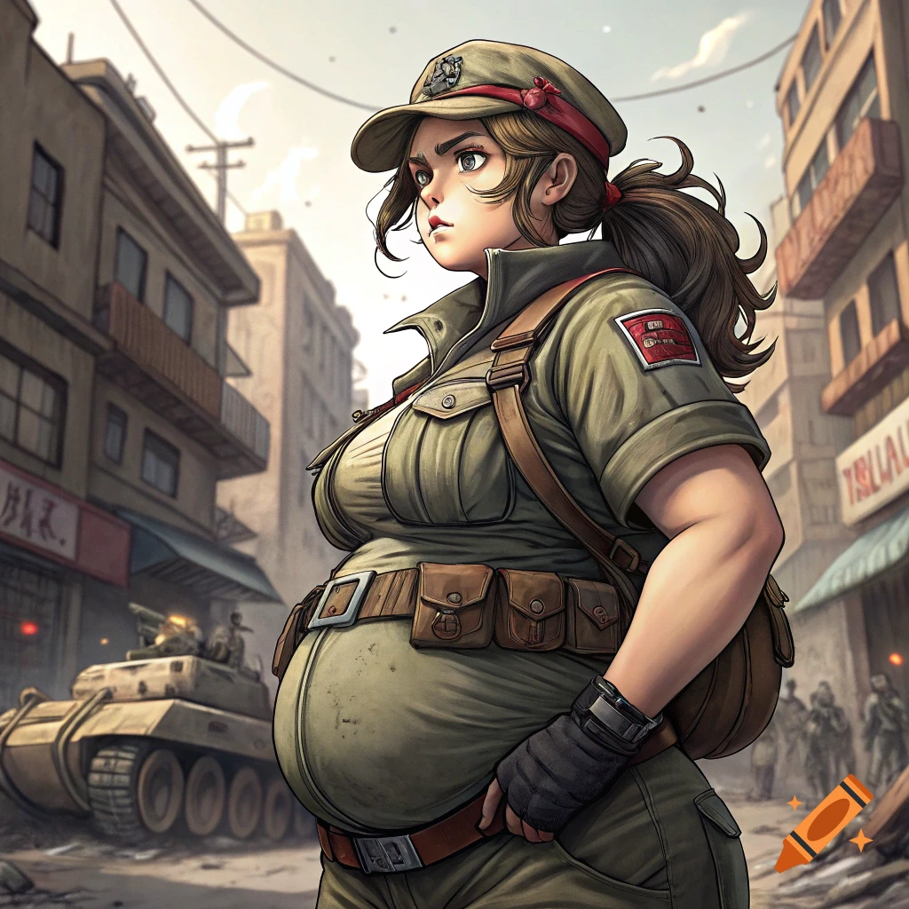 Eri Kasamoto from Metal Slug with a fat belly on Craiyon