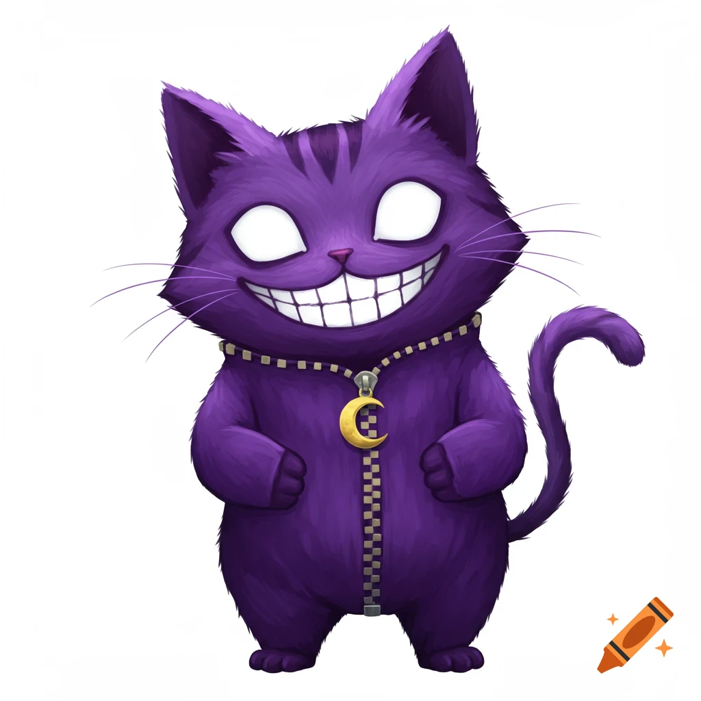 Purple cartoon cat with zipper and crescent moon pendant on Craiyon