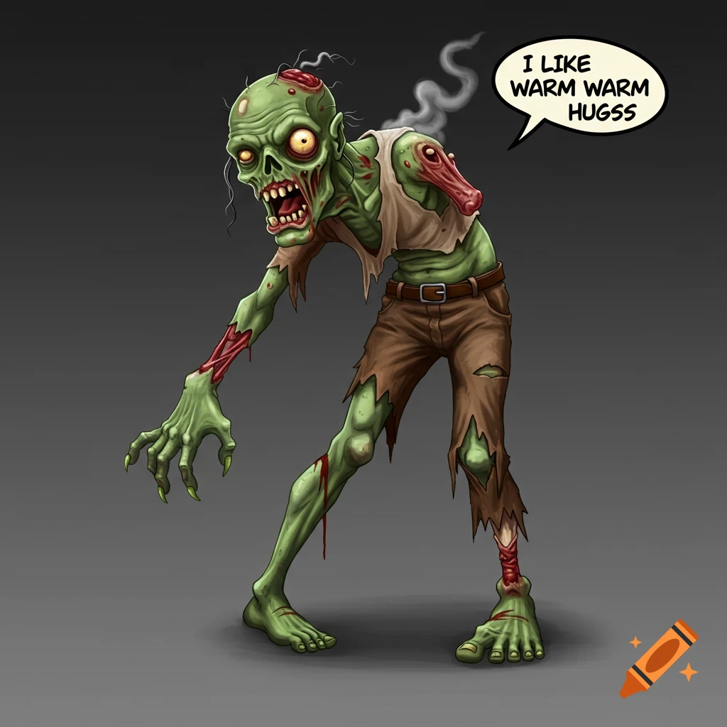 Green-skinned, one-armed zombie saying "I like warm hugs" on Craiyon