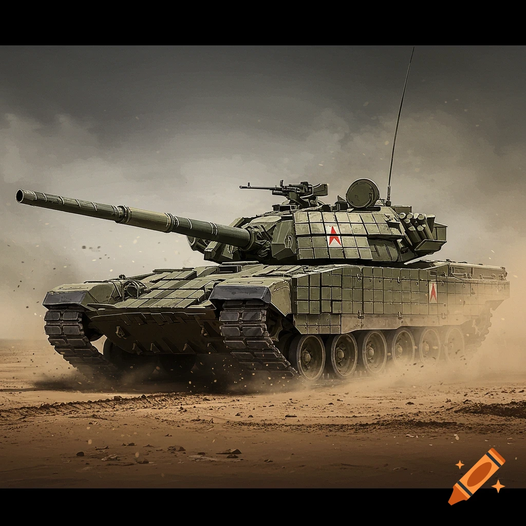 A military tank drives through a dusty desert. on Craiyon