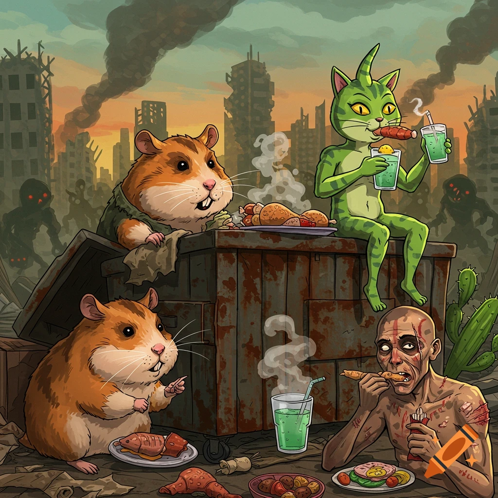 Hamster man in a dumpster with a cool cat eating food on Craiyon