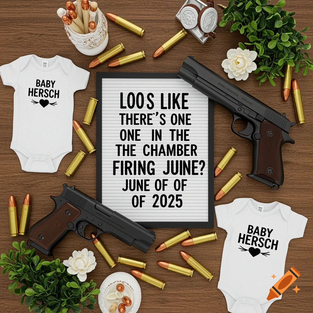Guns, bullets, and 'Baby Hersch' onesie announcement on Craiyon