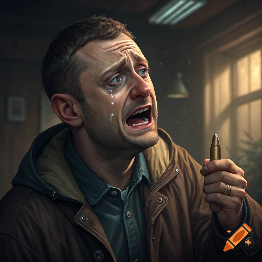 Comedian Tim Robinson sobbing at a bullet on Craiyon