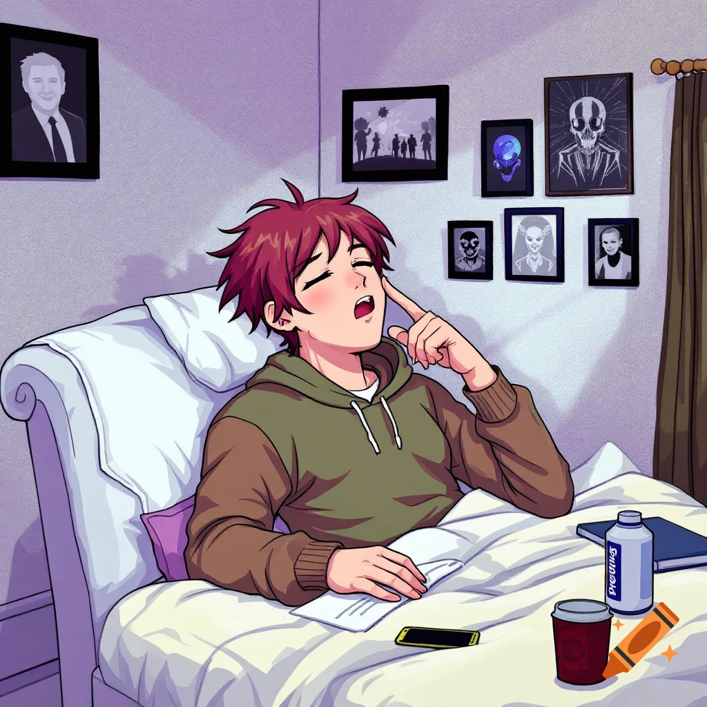 A round, teal-colored logo features a sleepy, dark-haired anime ...