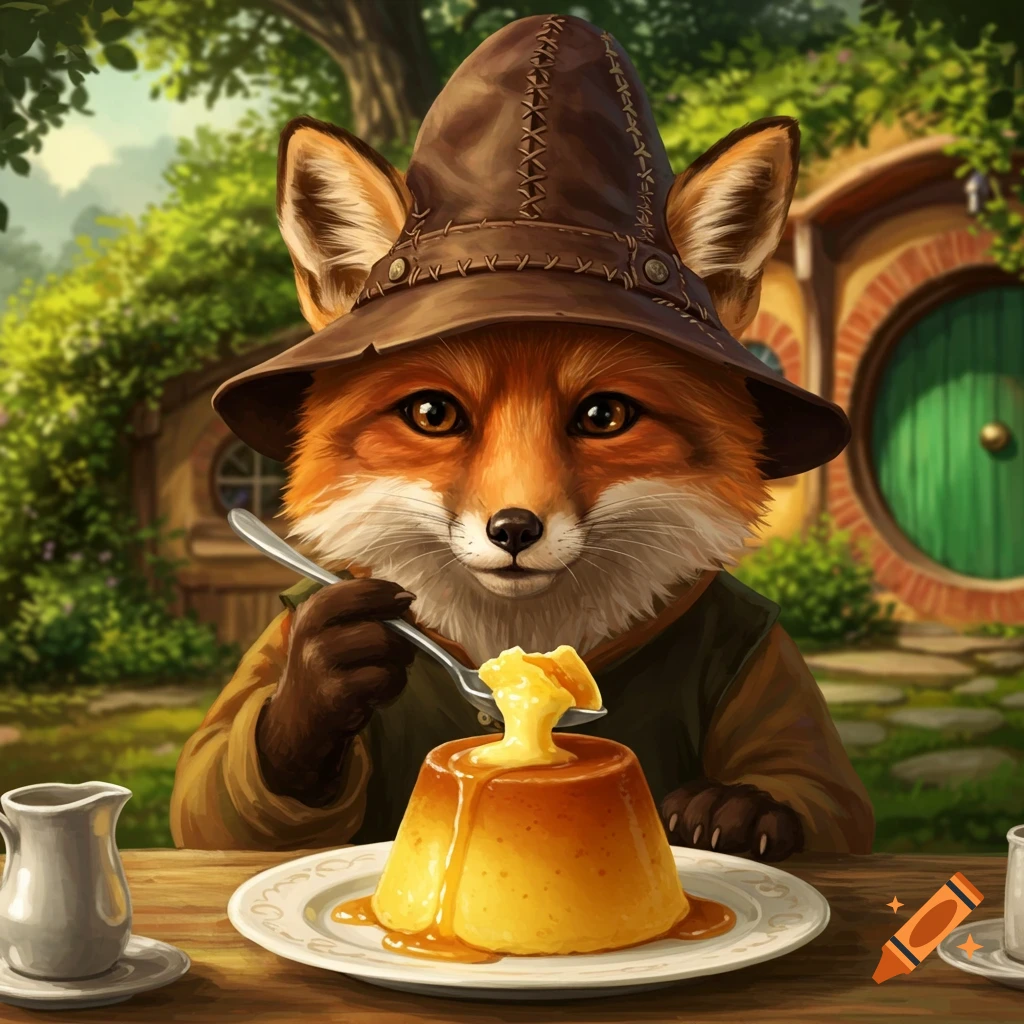A Hobbit fox wearing a leather hat sits at a table outdoors, eating pudding with a spoon. on Craiyon