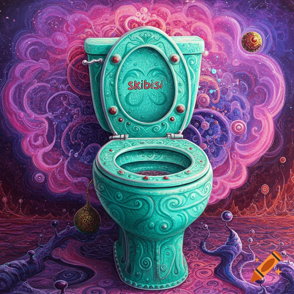 A surreal turquoise toilet with ornate carvings sits in a vibrant ...
