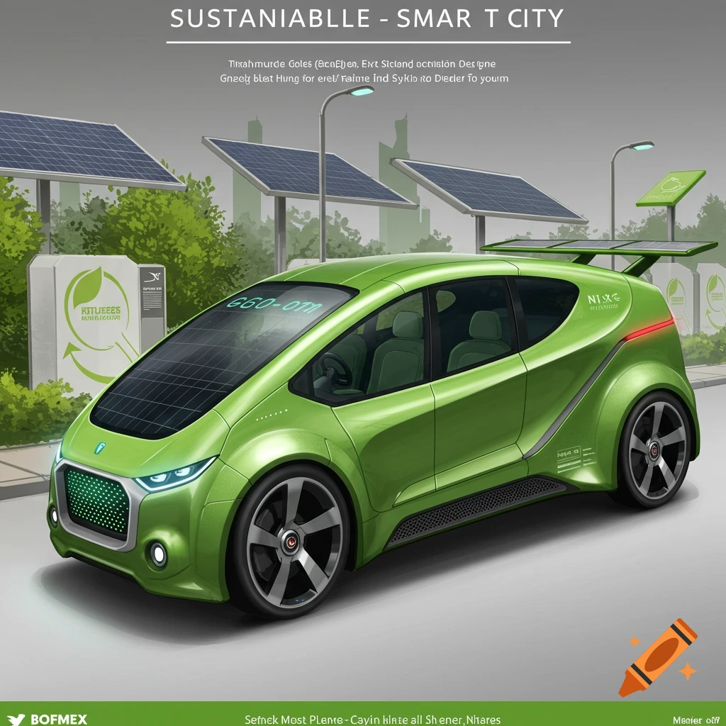 Futuristic green vehicle in a sustainable smart city on Craiyon