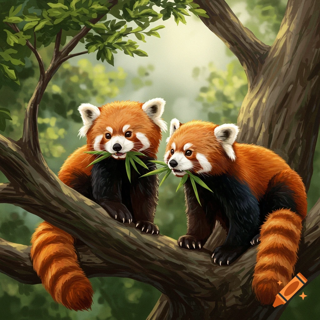 Two red pandas sitting on a tree branch in a bamboo forest, illustration. on Craiyon