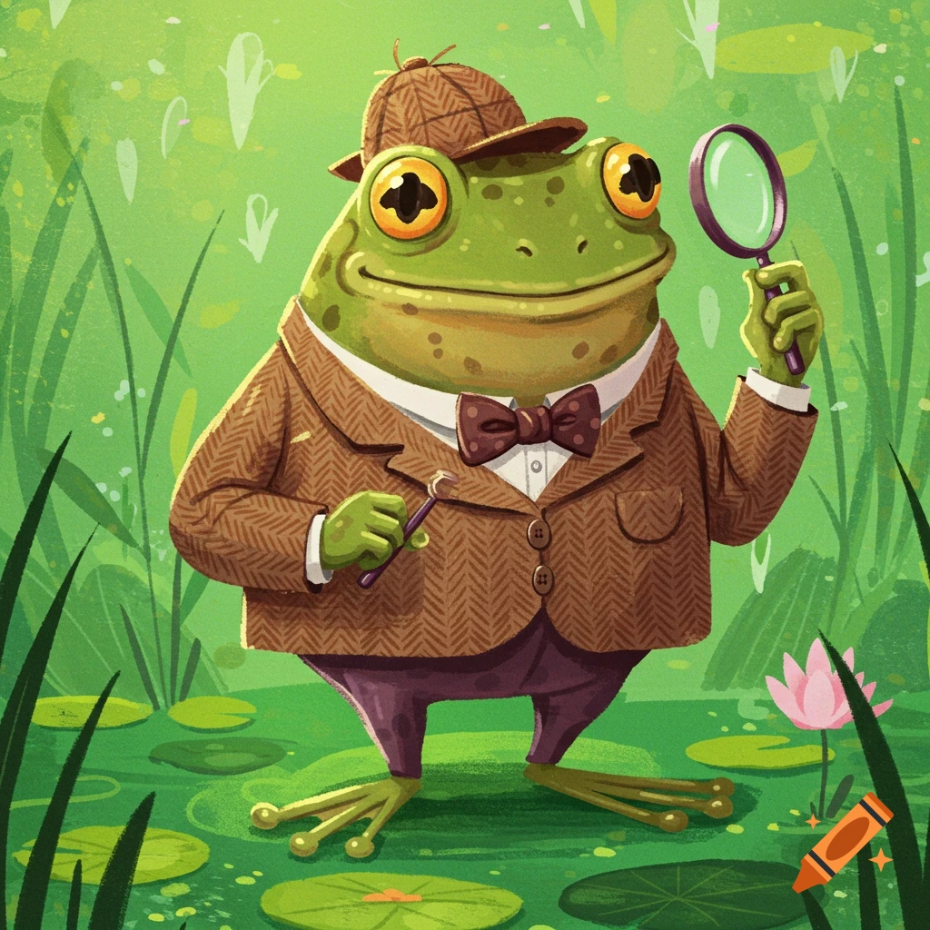 An illustrated frog in a fancy suit sits in a chair. on Craiyon