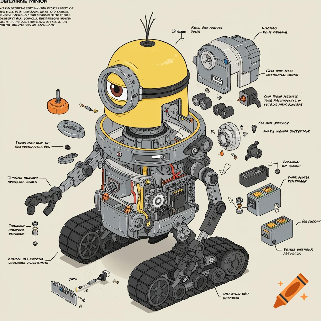 Engineering diagram of a Despicable Me robot minion on Craiyon