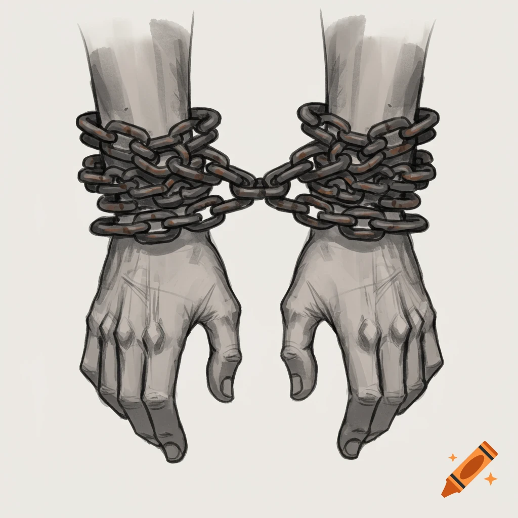 Pencil drawing of hands wrapped in chains on Craiyon