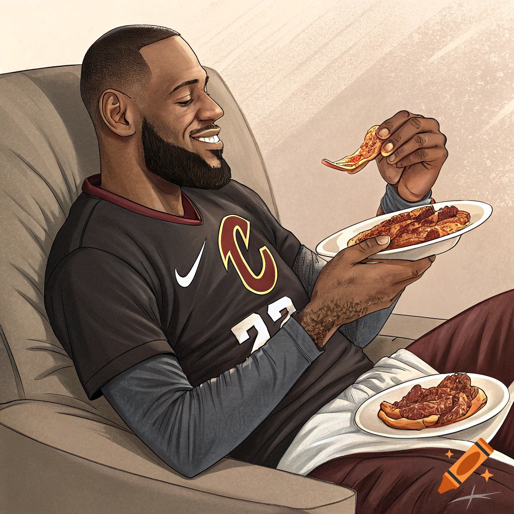 Illustration of LeBron James sitting and eating pizza and other food ...