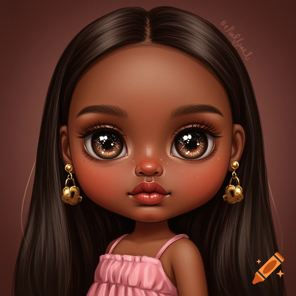 Mini Blythe doll with brown skin, pink dress, and dark brown hair on Craiyon