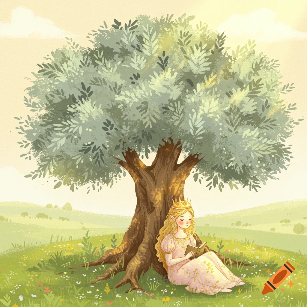 Olive tree with two boys in tunics and white sheep eating grass, book ...