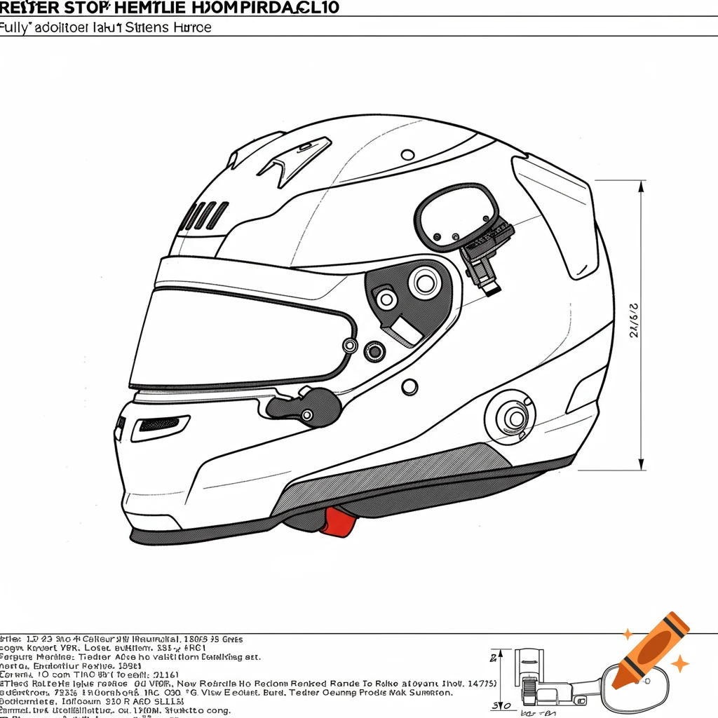 A technical drawing of an auto racing helmet with an integrated side ...