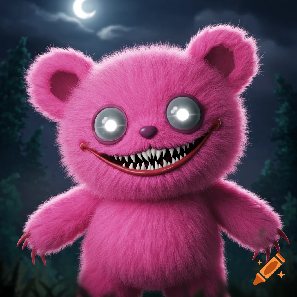A pink monster bear with sharp teeth and glowing eyes stands in a ...