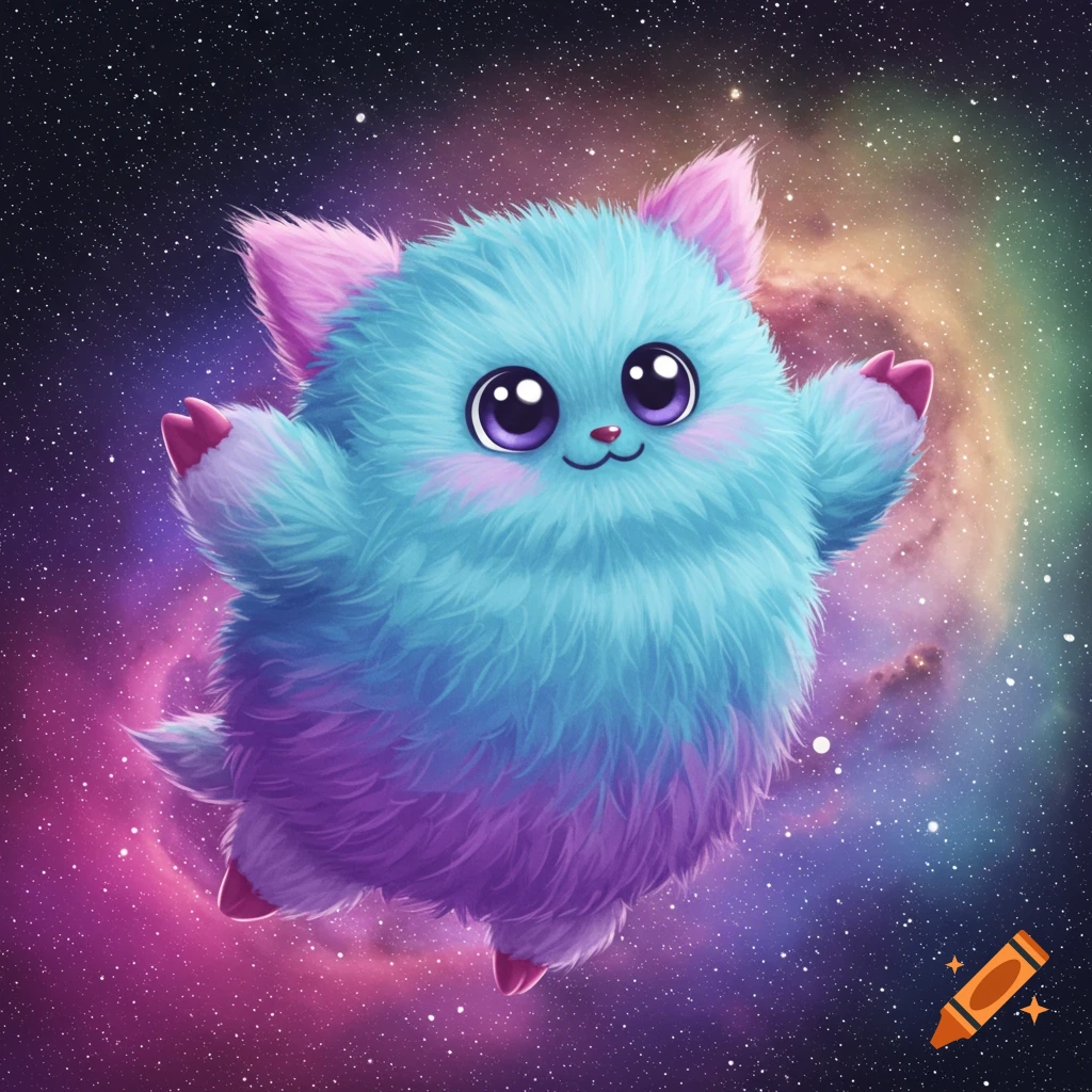 A cute purple furry fantasy creature floats in space among stars and nebulae. Digital ...