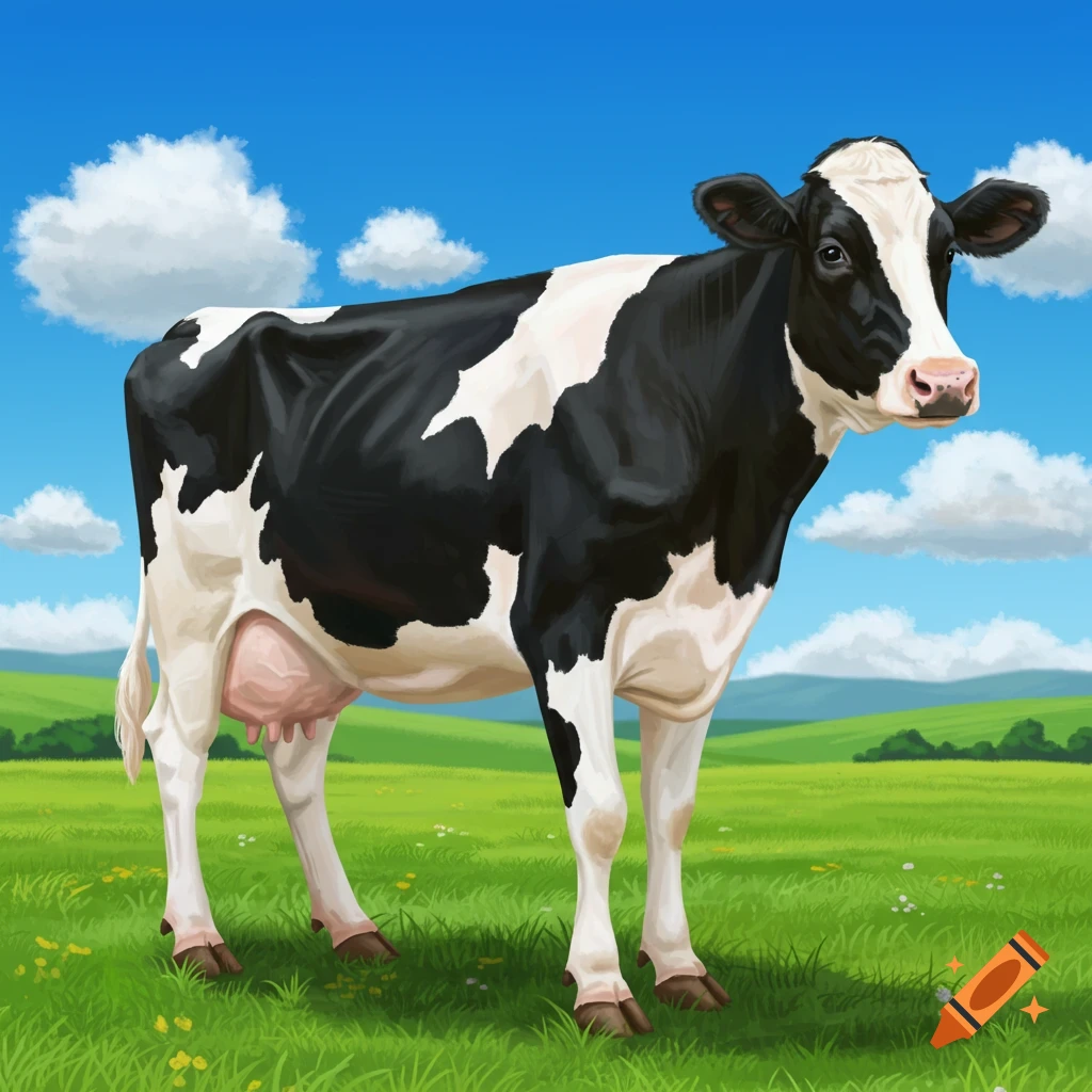 A black and white cow stands in a green field under a blue sky with ...