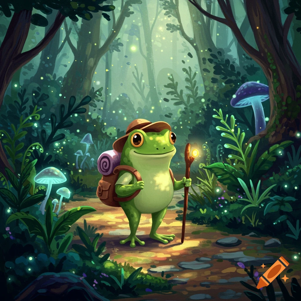 Cute frog with backpack, hat, and walking stick in enchanted forest on Craiyon