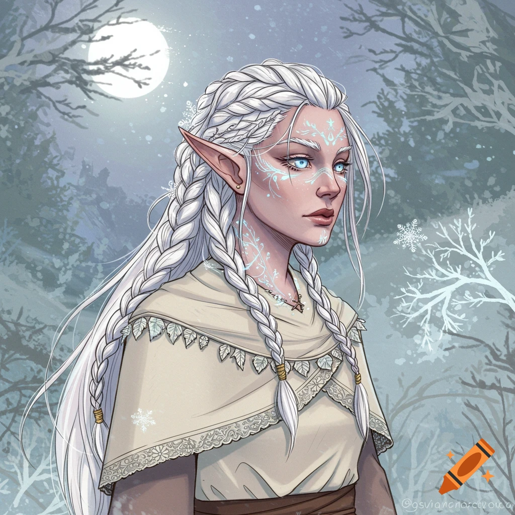 A fantasy portrait of a winter elf with white braided hair and glowing face patterns in a snowy ...
