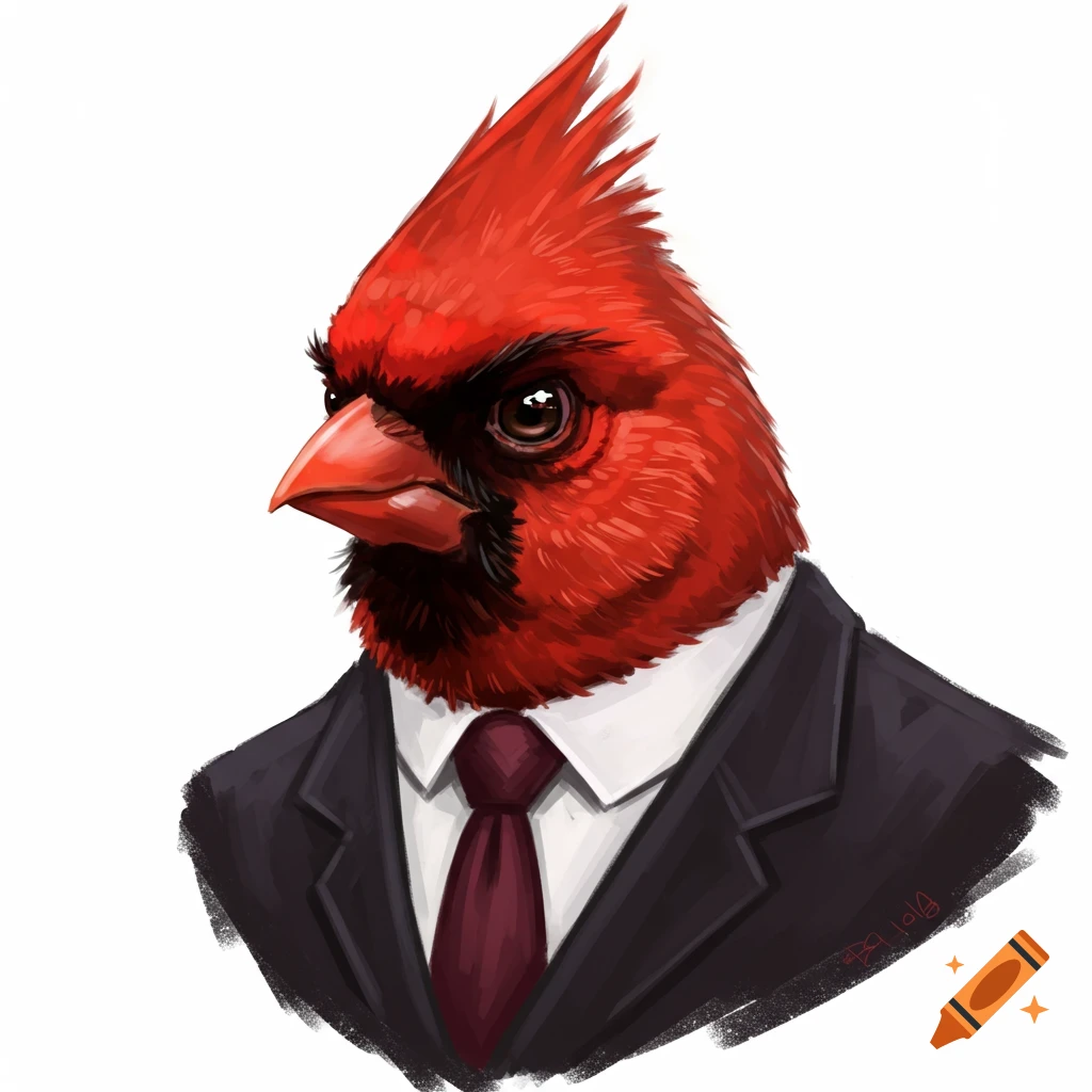Illustration of a red cardinal bird in a black suit and red tie with ...