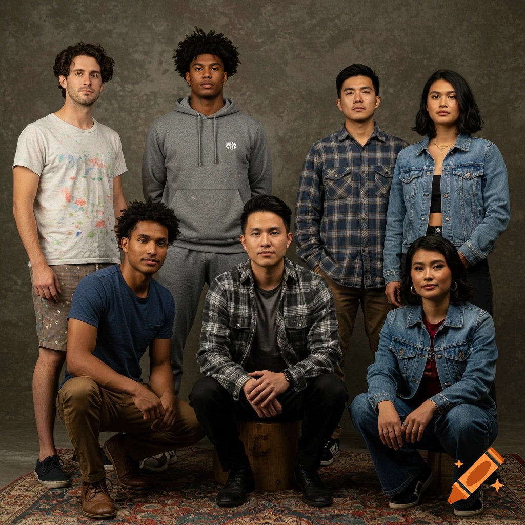 Group photo of five diverse young adults: Chris, Nate, Ryan, Eric, and Izzy on Craiyon